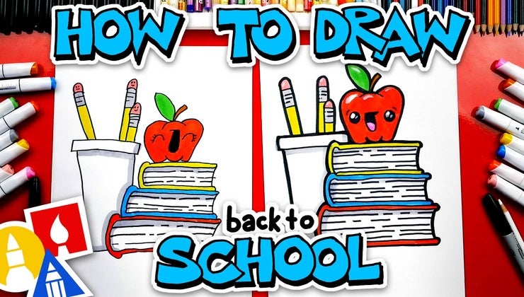 Back To School - How To Draw A Stack Of Books Apple And Pen
