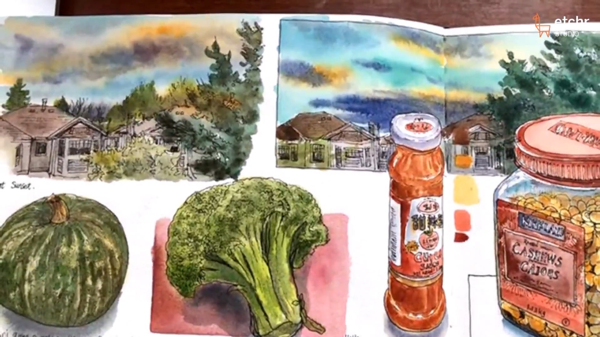 Three Stages of Eating a Fruit with Ink and Wash