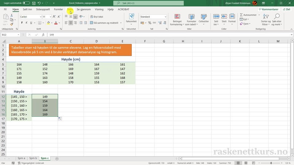 Lage frekvenstabell og histogram i Excel - raskenettkurs.no | Raske ...